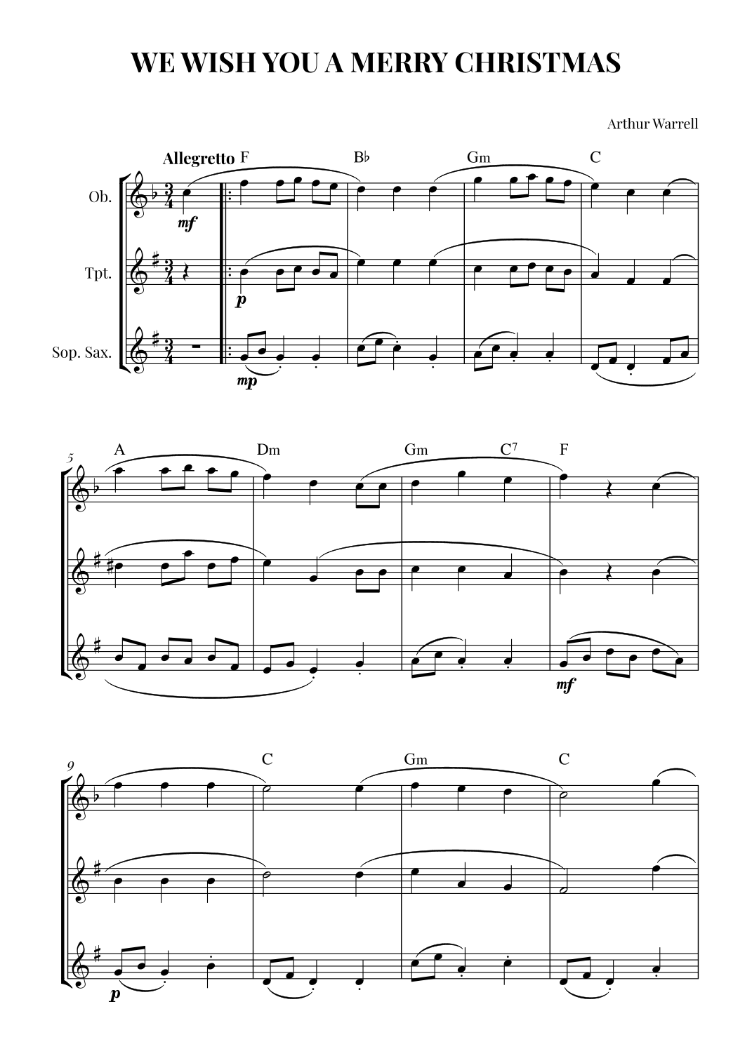 We Wish You a Merry Christmas - for Oboe, Trumpet and Soprano Sax (with ...