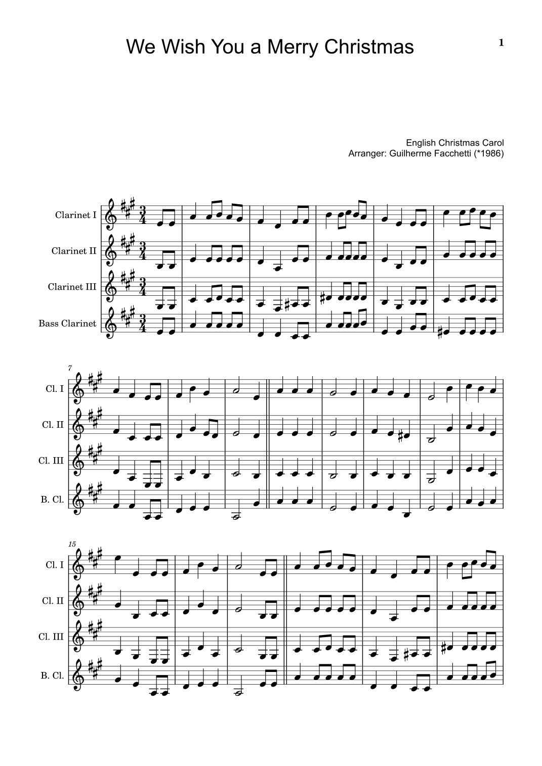 We Wish You a Merry Christmas - For Clarinet Quartet. Score and Parts ...