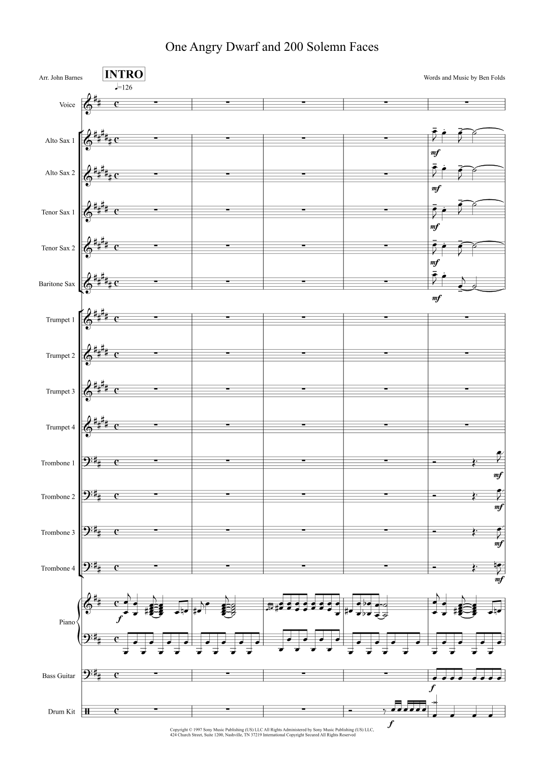 One Angry Dwarf And 200 Solemn Faces (arr. John Barnes) by Ben Folds ...