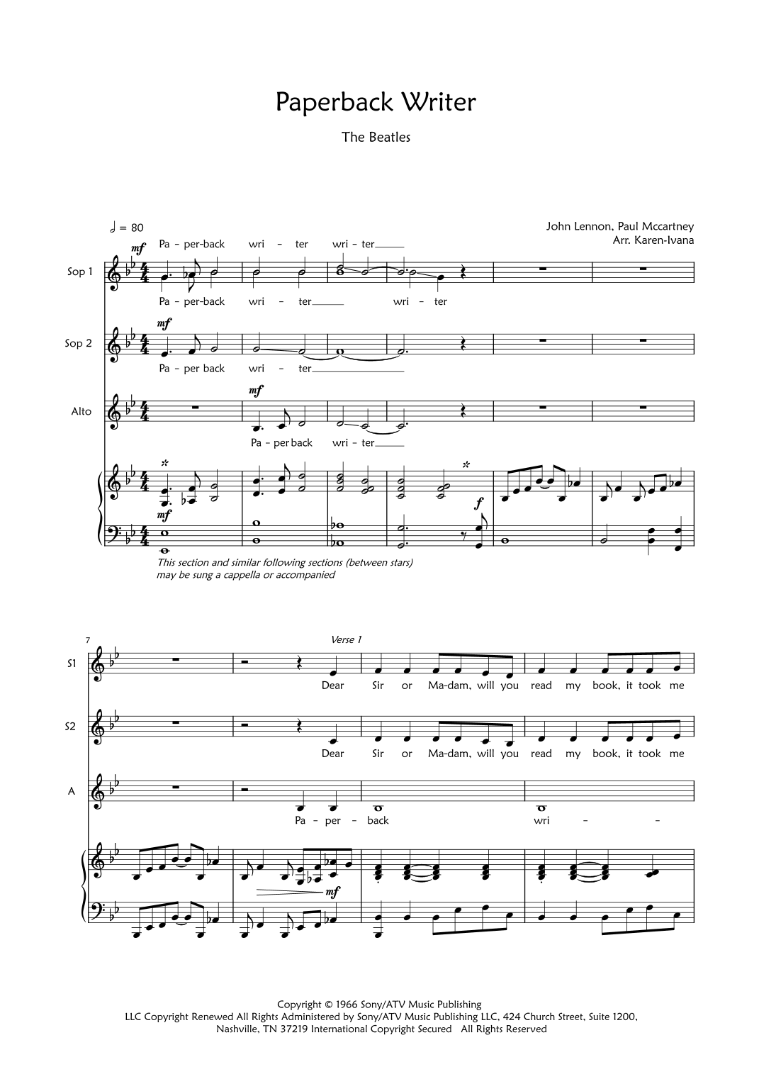 Paperback Writer (arr. Karen Ivana) by The Beatles Sheet Music for SSA ...