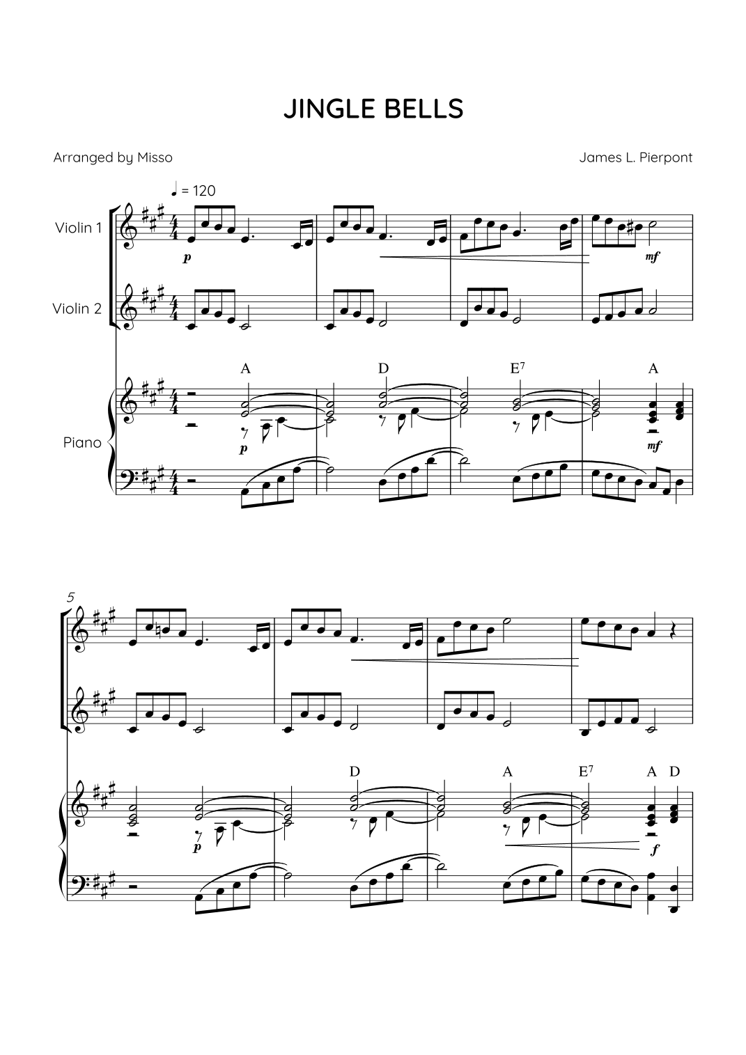 Jingle Bells - Violin Duet & Piano in A Major (Intermediate With Chords) (arr. MissoRB) by James ...