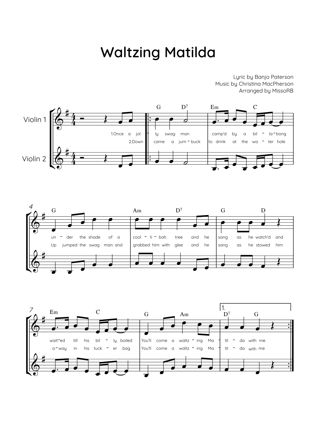 Waltzing Matilda - Violin Duet in G With Lyric & Chords - Easy (arr ...
