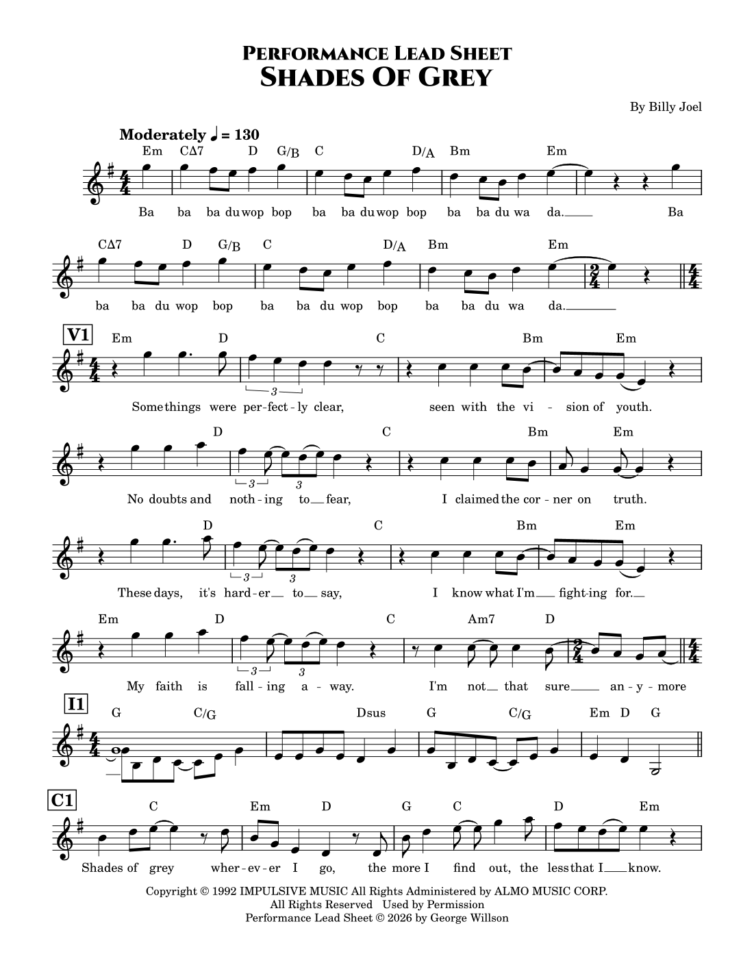 Shades Of Grey (arr. George Willson) by Billy Joel Sheet Music for Lead ...