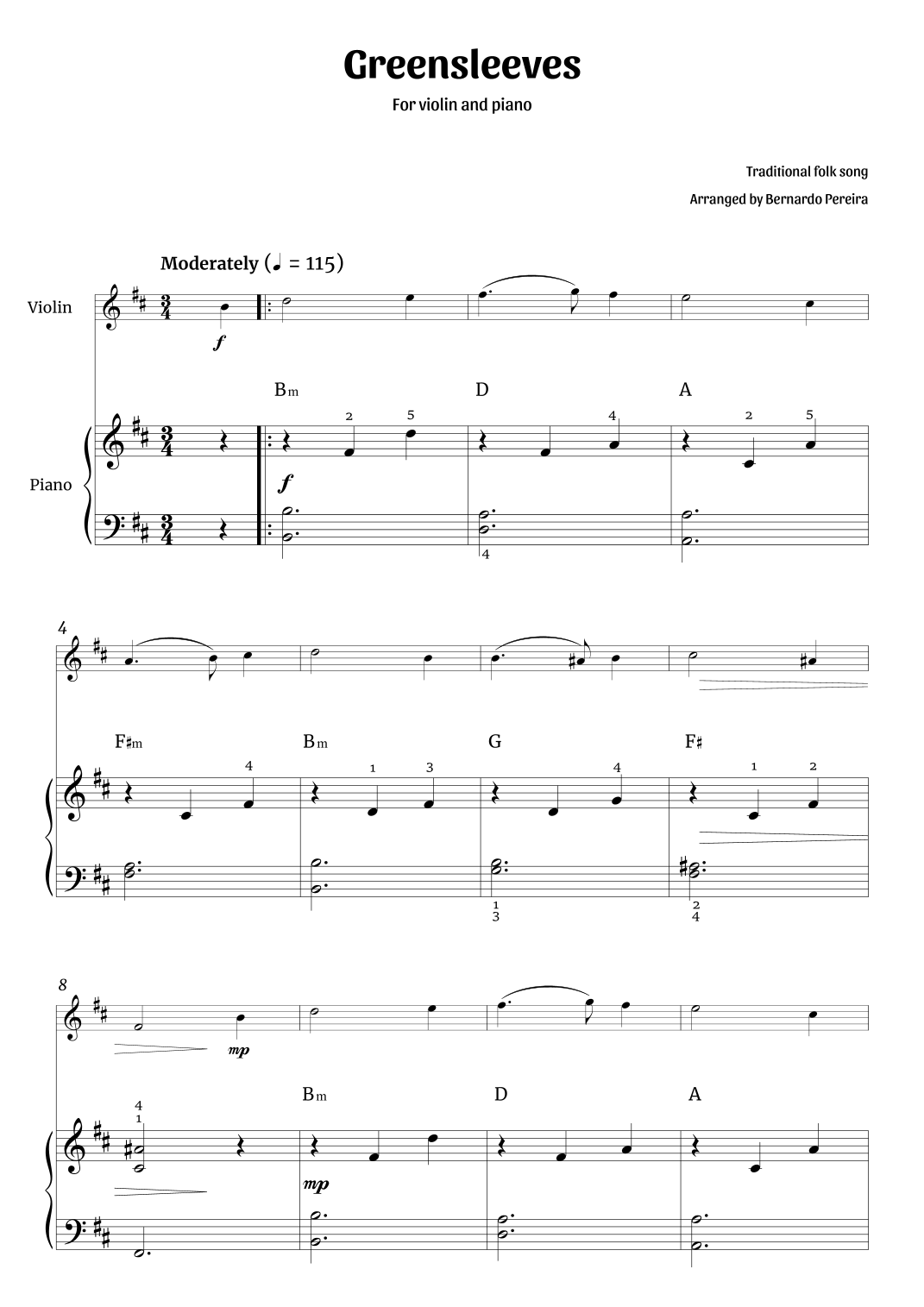 Greensleeves (violin and piano) (arr. Bernardo Pereira) by Traditional ...