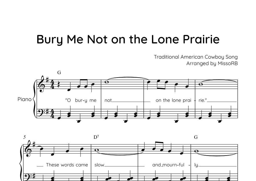 Bury Me Not on the Lone Prairie - Piano in G With Chords & Lyric - Easy ...