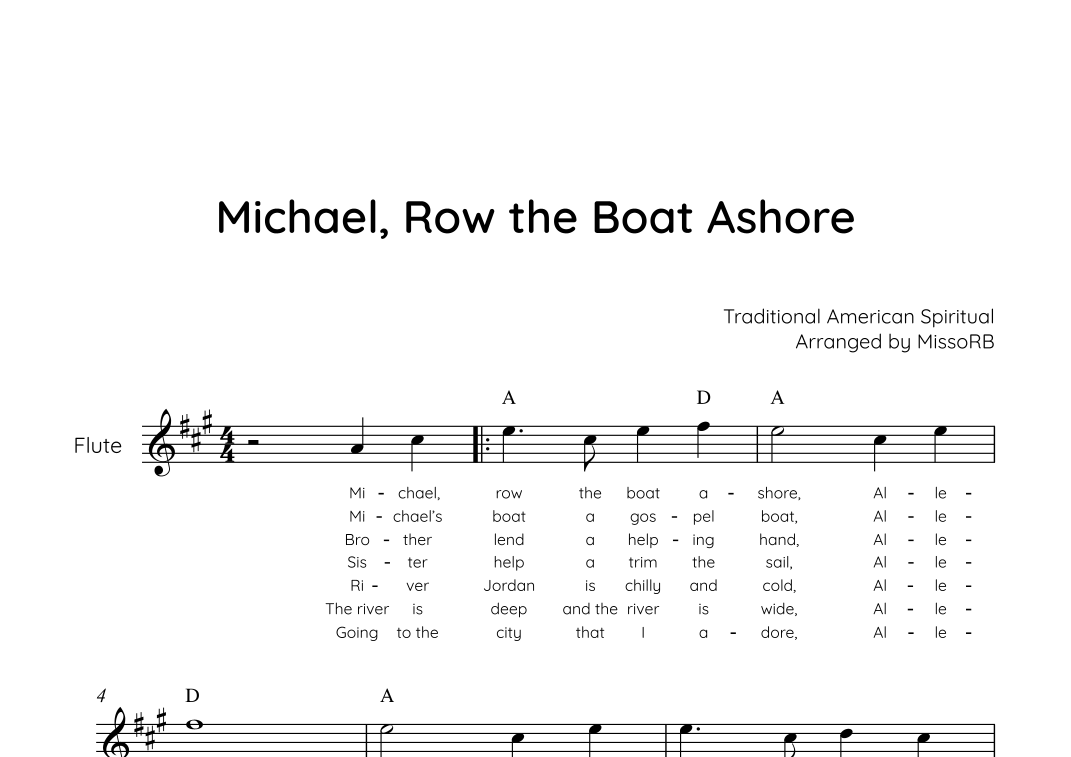 Michael, Row the Boat Ashore - Flute in A With Chords & Lyric - Easy ...