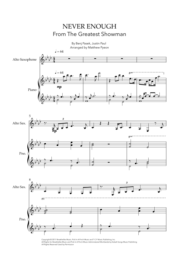 Never Enough (arr. Matthew pyeon) by Benj Pasek Sheet Music for Alto ...