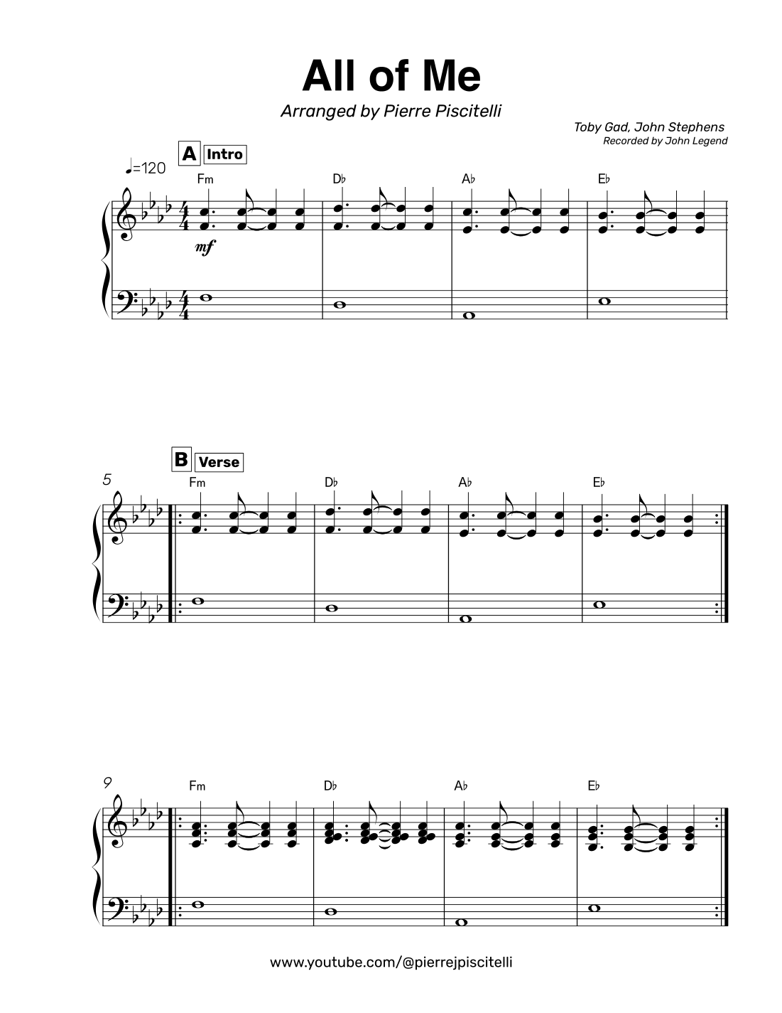 All Of Me (arr. Pierre Piscitelli) by John Legend Sheet Music for Easy ...