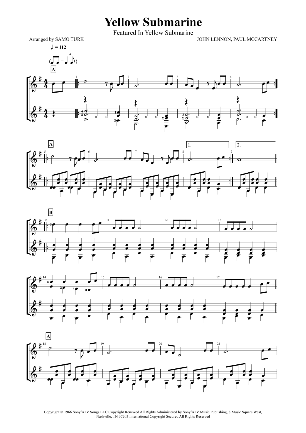 Yellow Submarine (arr. Samo Turk) by The Beatles Sheet Music for ...