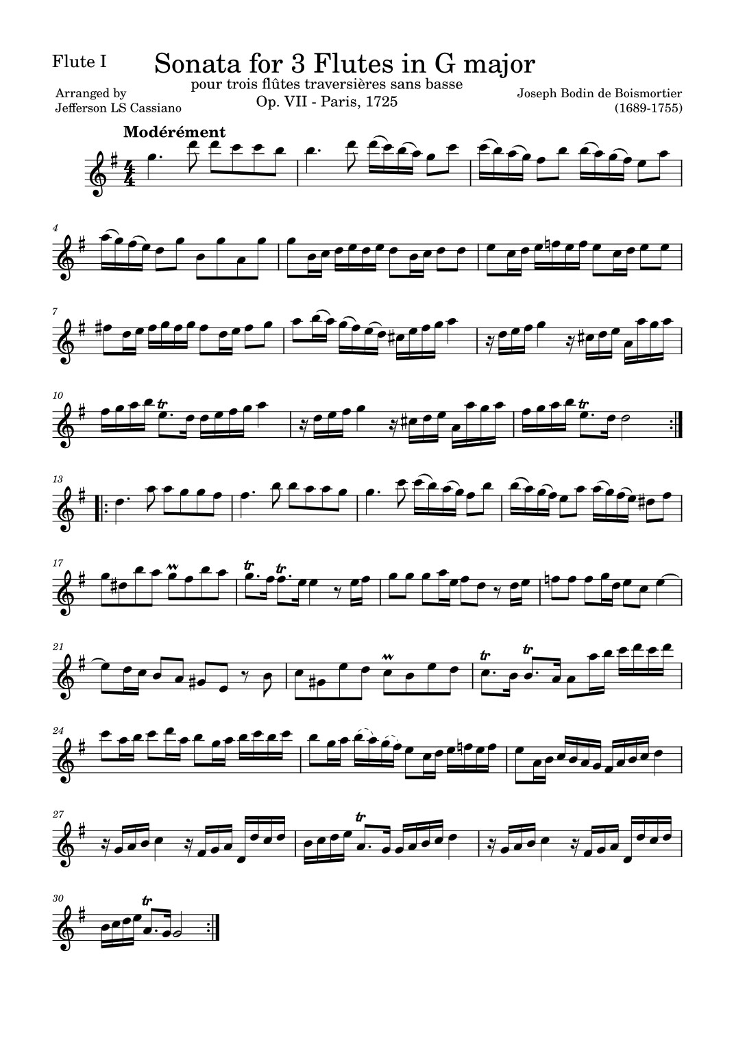 Sonata for 3 Flutes in G Major – Solo Flute (First Voice) – Boismortier ...
