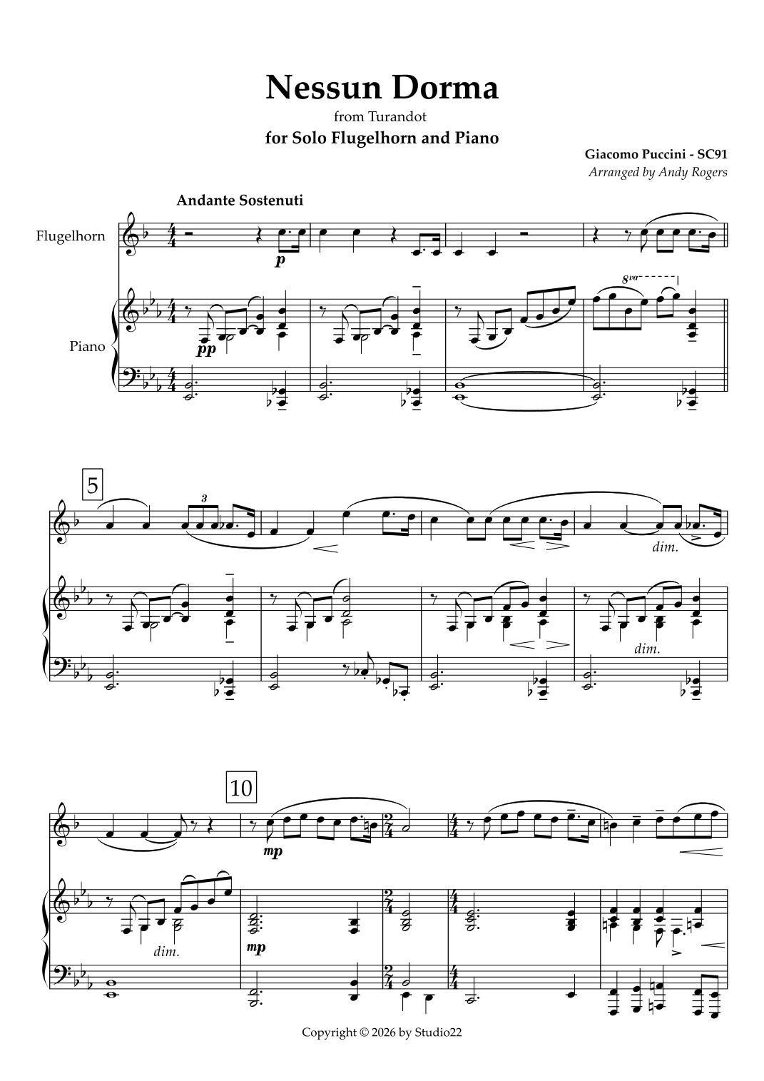 Nessun Dorma (from Turandot) - Flugelhorn Solo and Piano Accompaniment ...