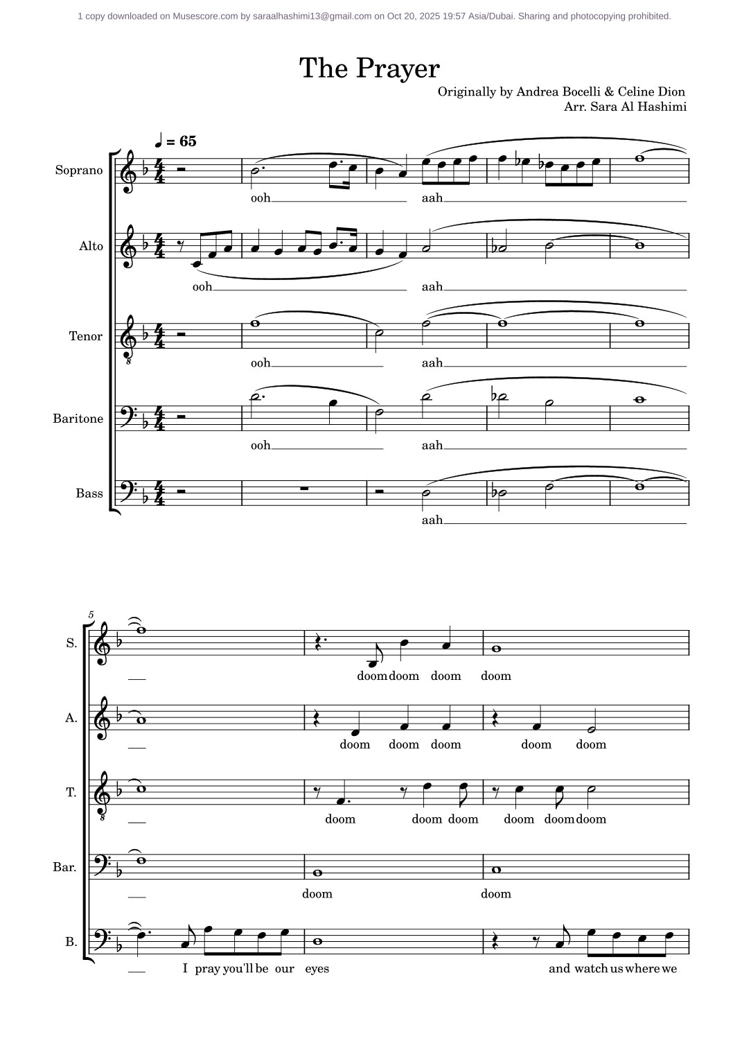 Prayer (arr. Sara Al Hashimi) by Celine Dion Sheet Music for 5-Part ...