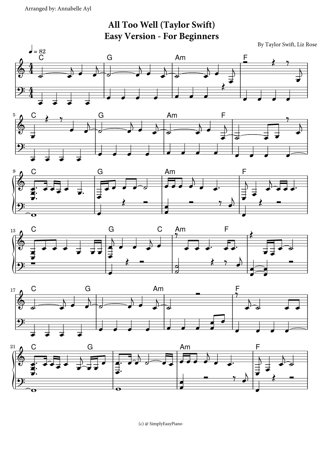 All Too Well (arr. Annabelle Ayl) by Taylor Swift Sheet Music for Easy ...