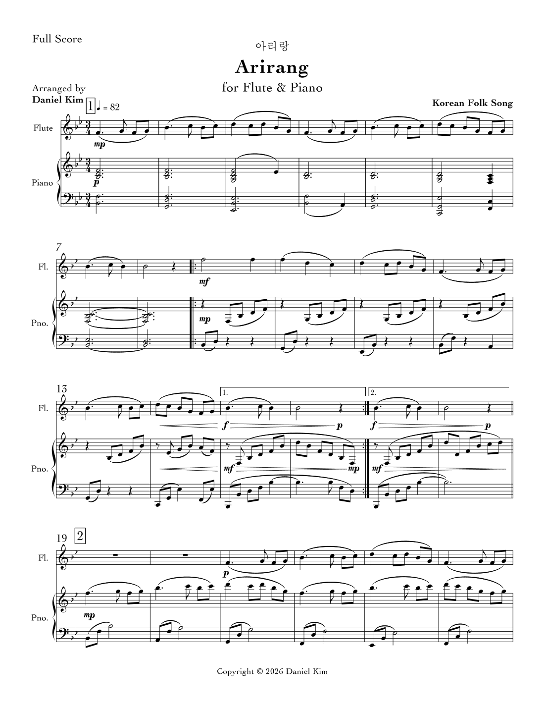 Arirang (Flute & Piano) (arr. Daniel Kim) by Korean folk song Sheet ...