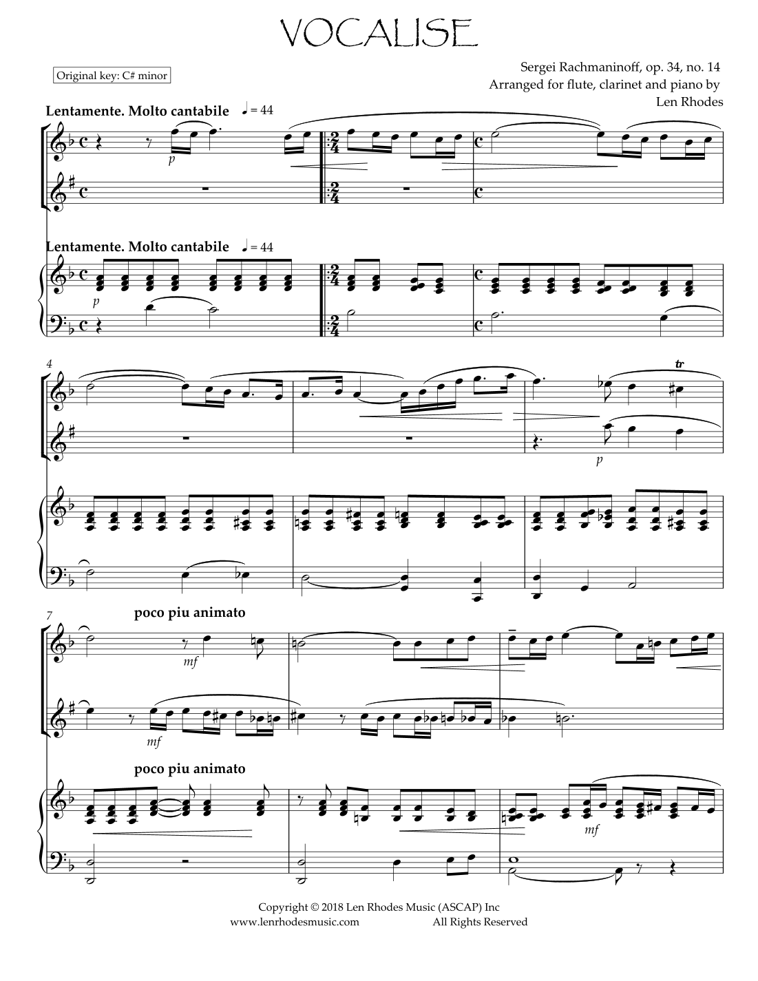 Rachmaninov - VOCALISE for Flute, Clarinet and Piano (arr. Len Rhodes ...