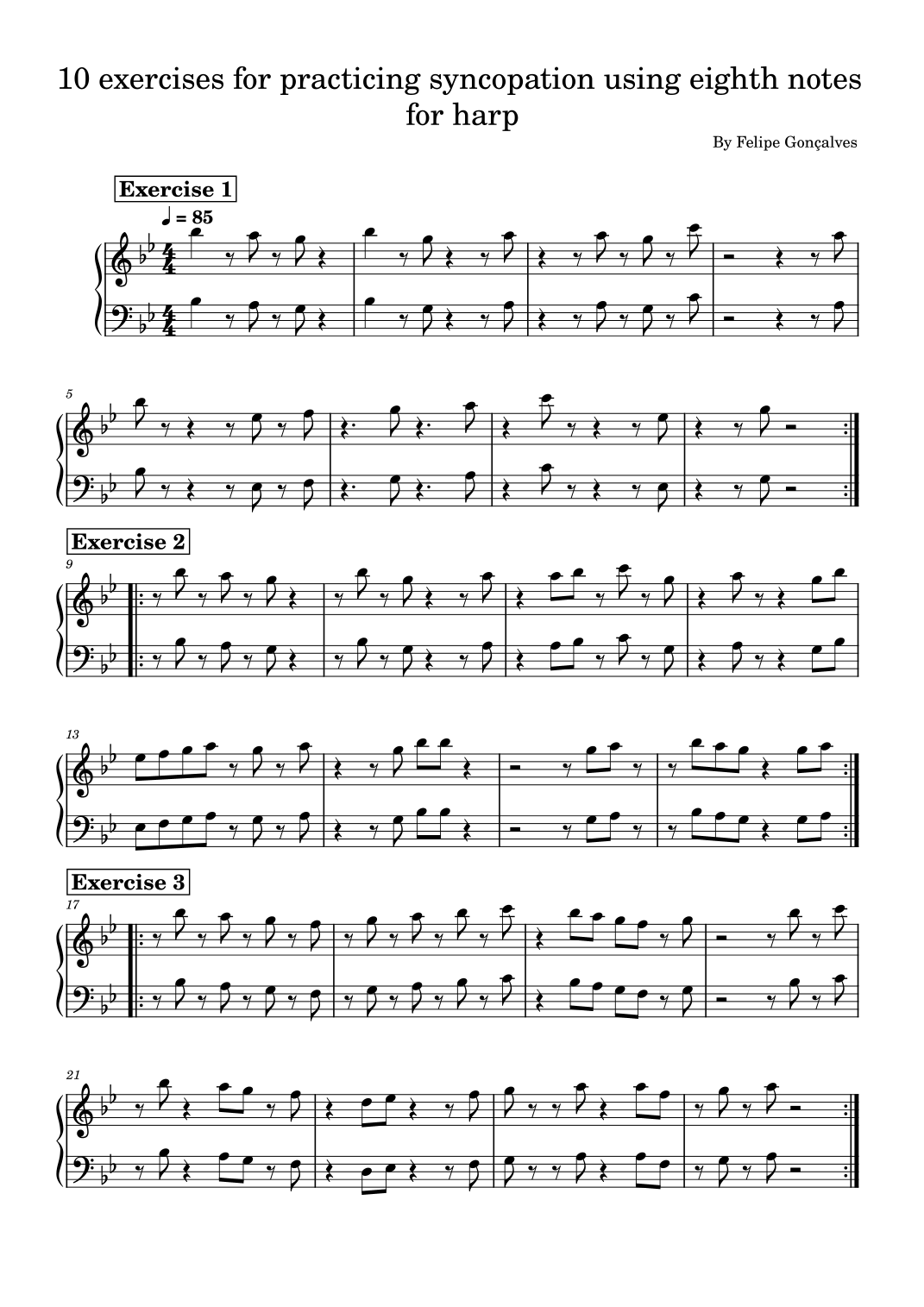 10 exercises for syncopation using eighth notes for harp in A# major ...