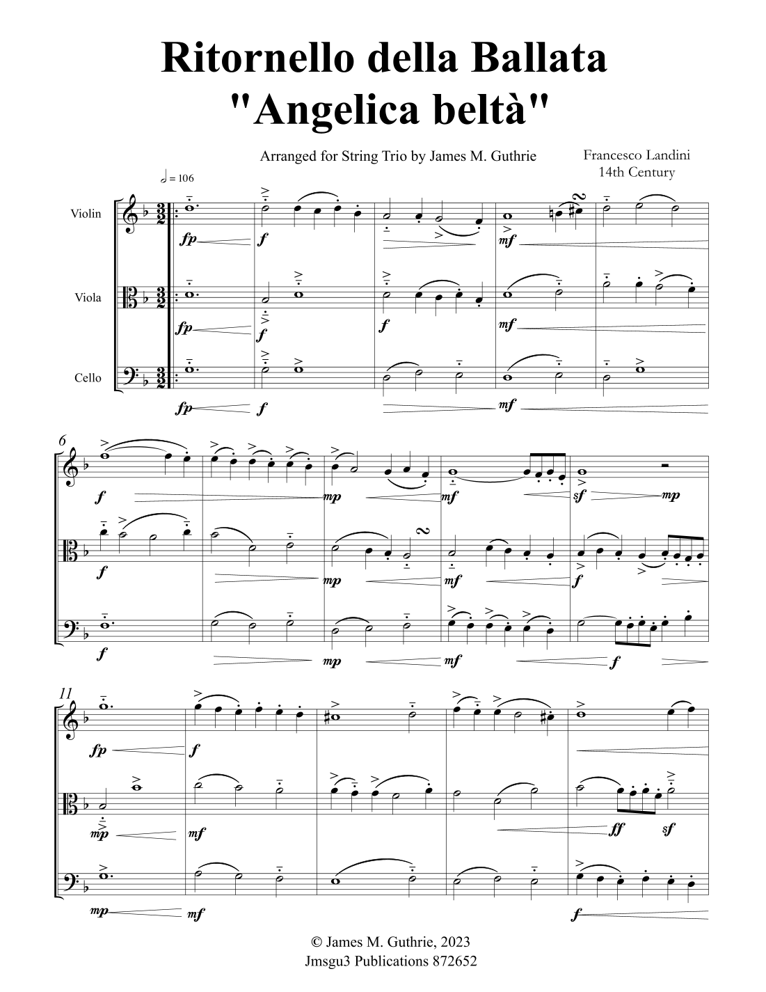 Landini: Ritornello Della Ballata "Angelica belta" for String Trio (arr ...