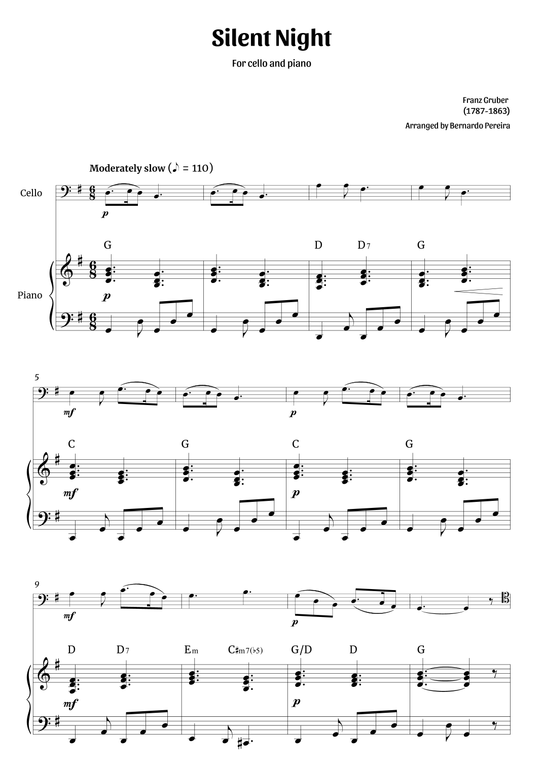 Silent Night (cello and piano – clean with chords) (arr. Bernardo ...