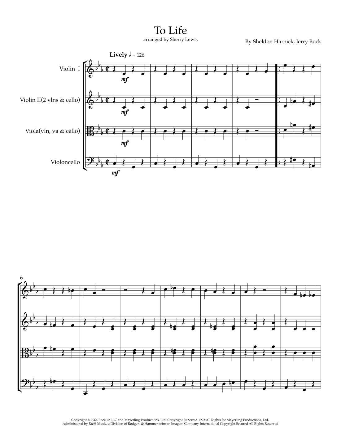 To Life (arr. Sherry Lewis) by Ocr Sheet Music for String Ensemble at Sheet Music Direct