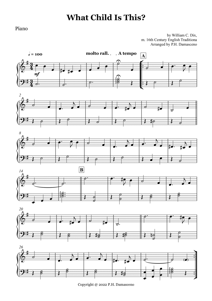 What Child Is This? - Piano Solo (arr. P.H. Damasceno) by Public Domain ...