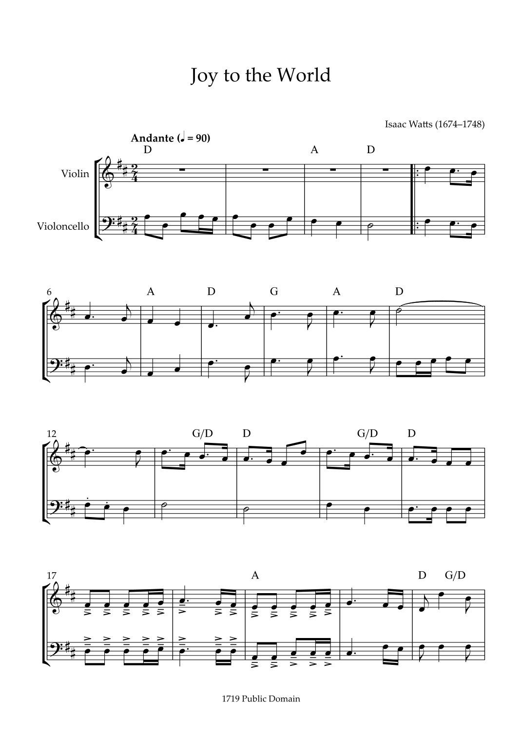 Joy to the World – Violin and Cello Duet (D major, with Chord Symbols ...