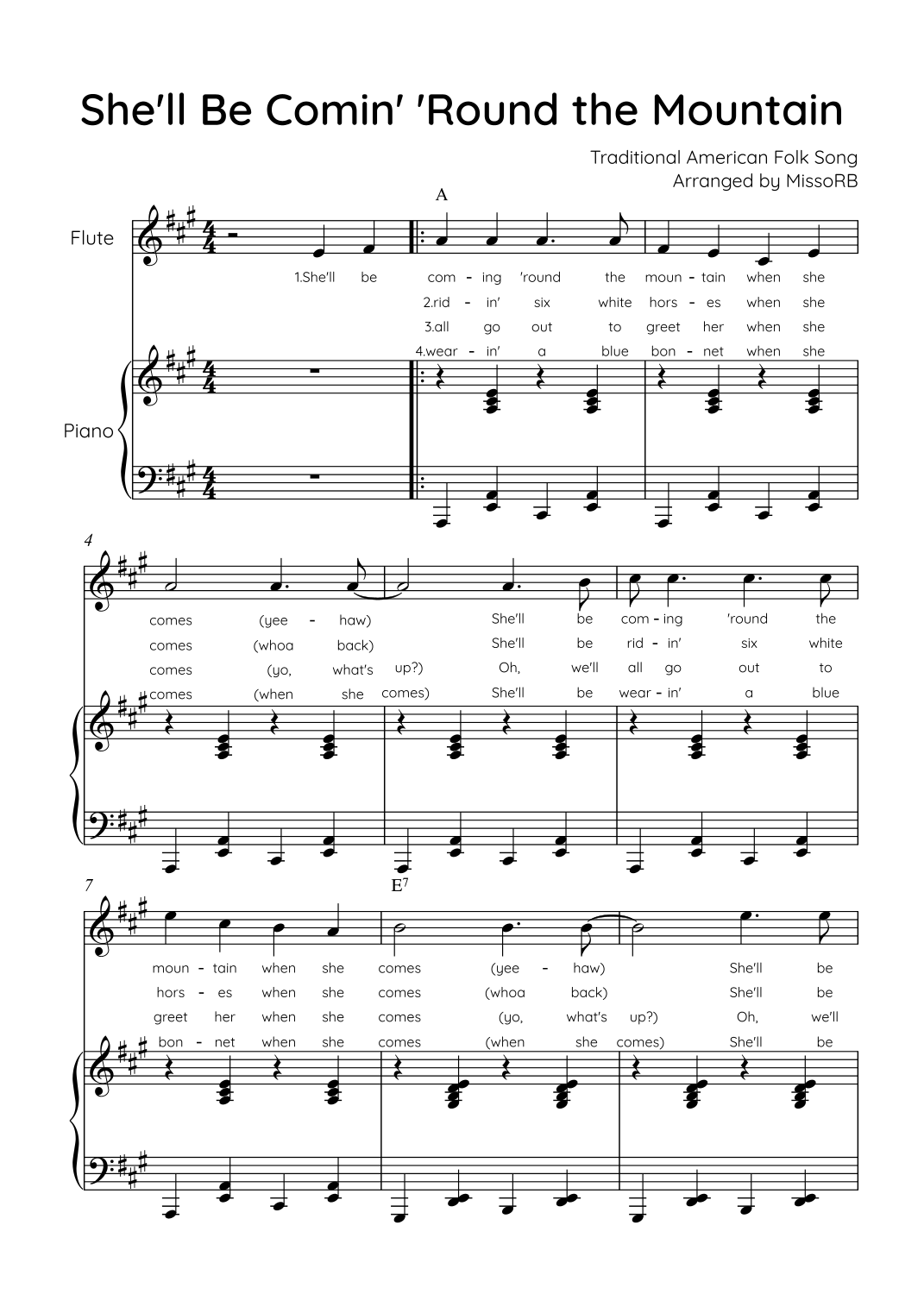 She'll Be Comin''Round the Mountain - Flute & Piano in A With Chords ...