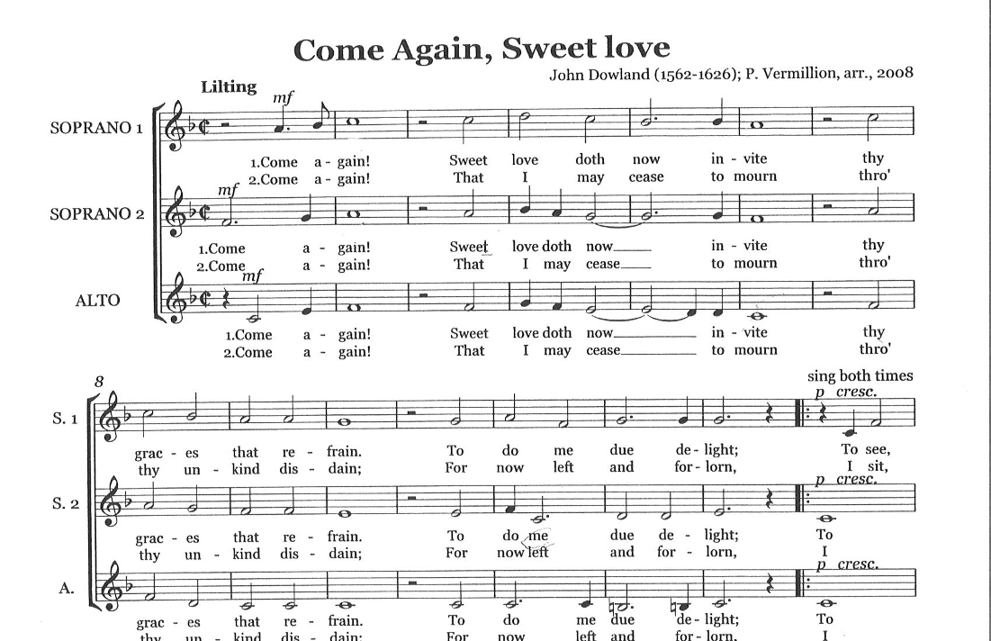 Come Again, Sweet Love (arr. Phillip D. Vermillion) by John Dowland ...