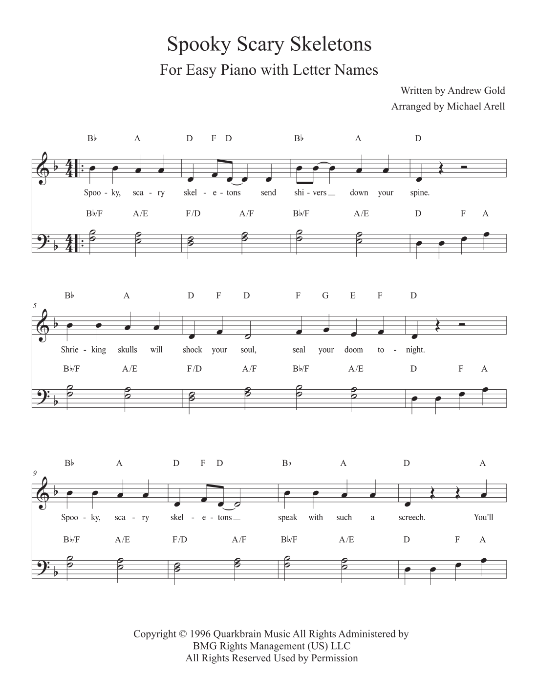 Spooky Scary Skeletons (arr. Michael Arell) by Andrew Gold Sheet Music ...