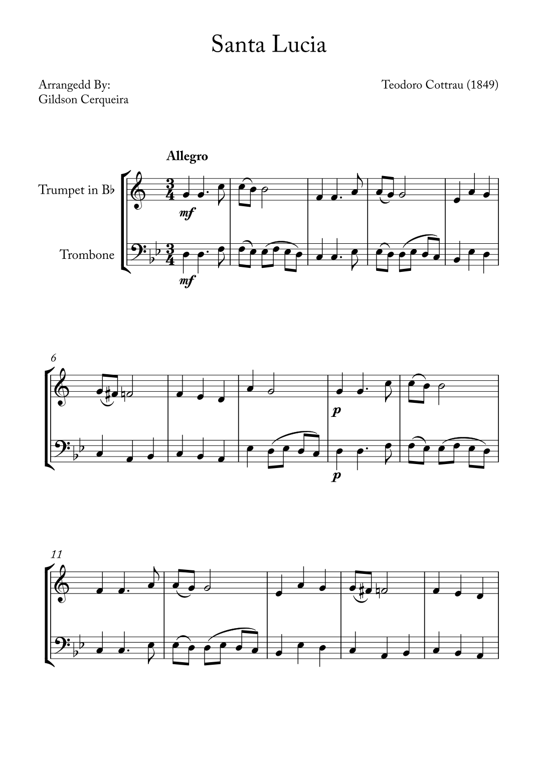 Santa Lucia (arr. Gildson Cerqueira) by Teodoro Cottrau Sheet Music for ...