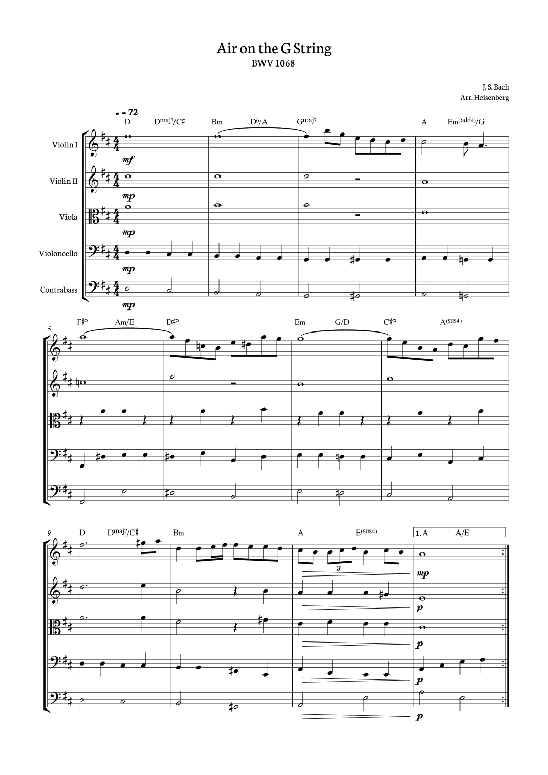 Air on the G String for String quintet with chords. Score and parts ...