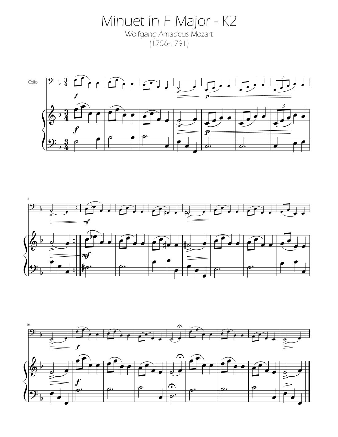 Mozart - Minuet in F Major K2 - Cello Solo w/Piano (arr. Ygor Nunes) by ...