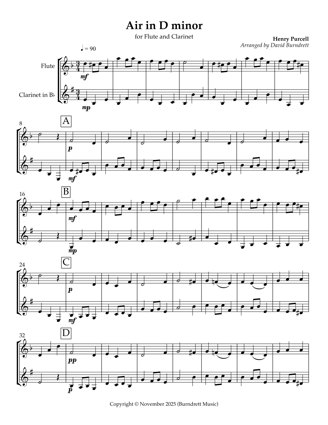 Air in D minor for Flute and Clarinet Duet (arr. David Burndrett) by Henry Purcell Sheet Music ...