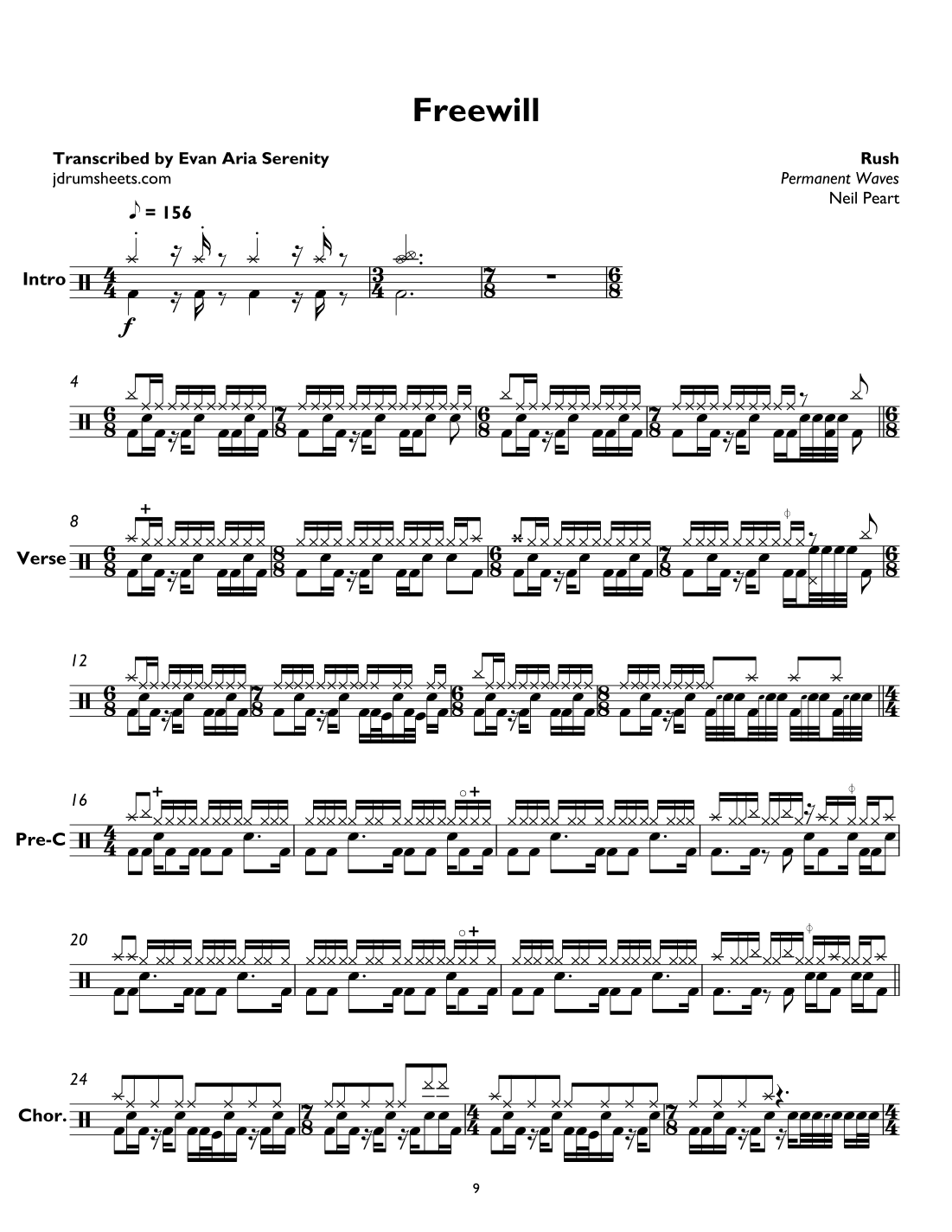 Freewill (arr. Evan Aria Serenity) by Rush Sheet Music for Drums at ...