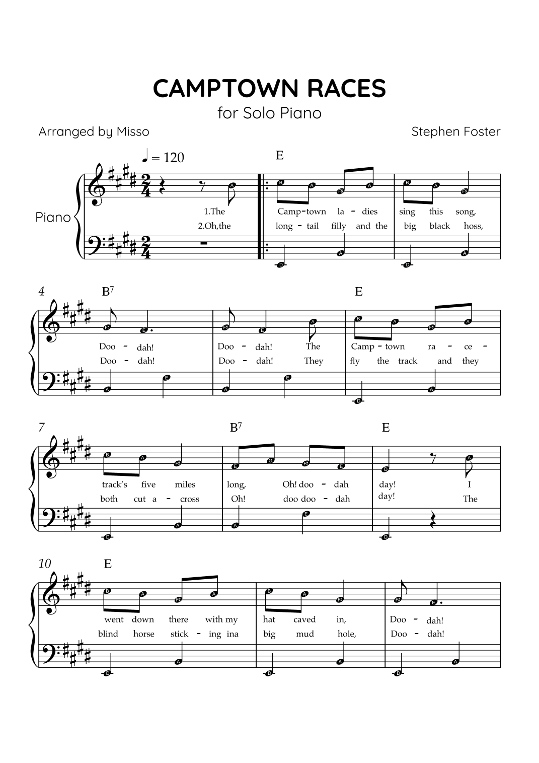 Camptown Races - Piano Solo in E Major - Beginner Level Letter Names ...