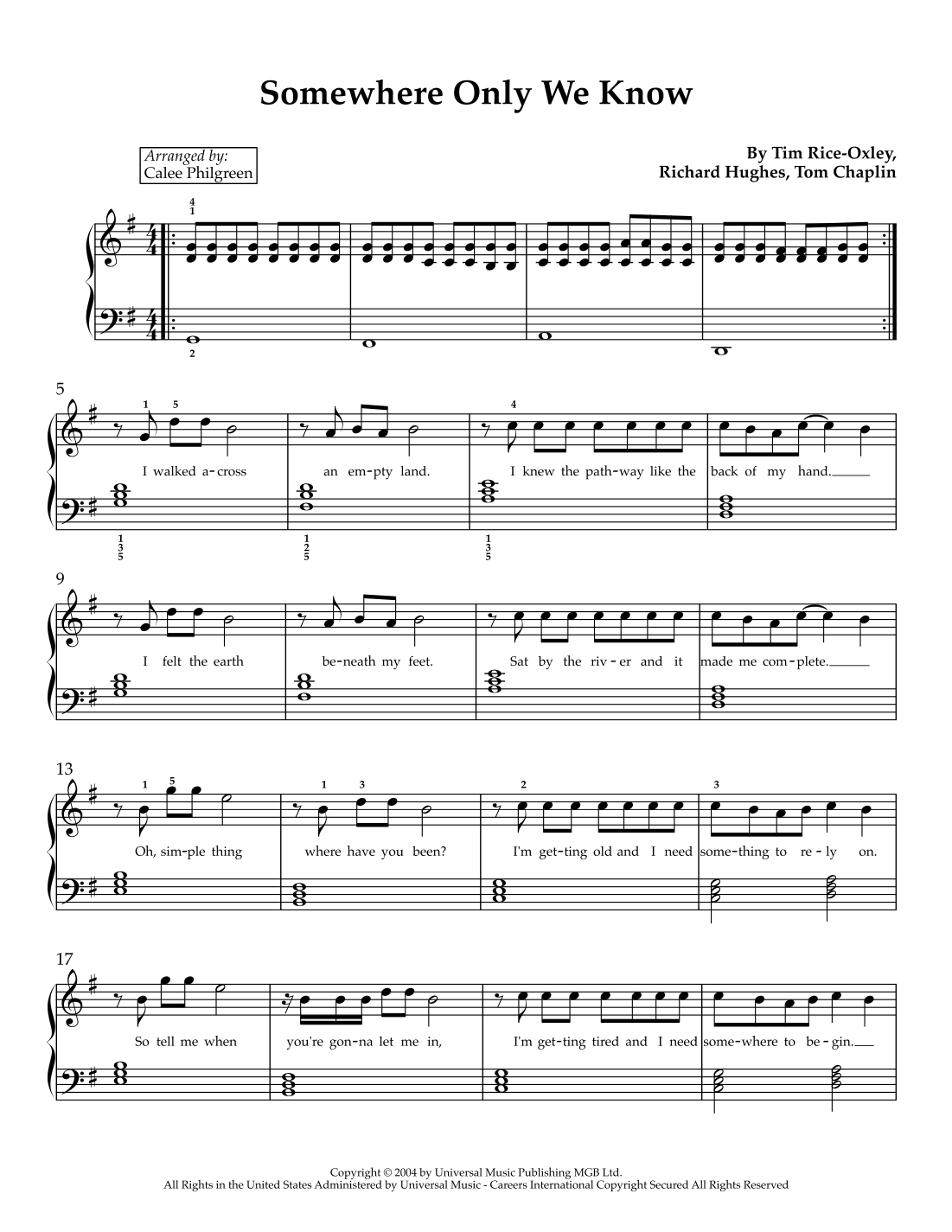Somewhere Only We Know (arr. Calee Philgreen) by Keane Sheet Music for ...