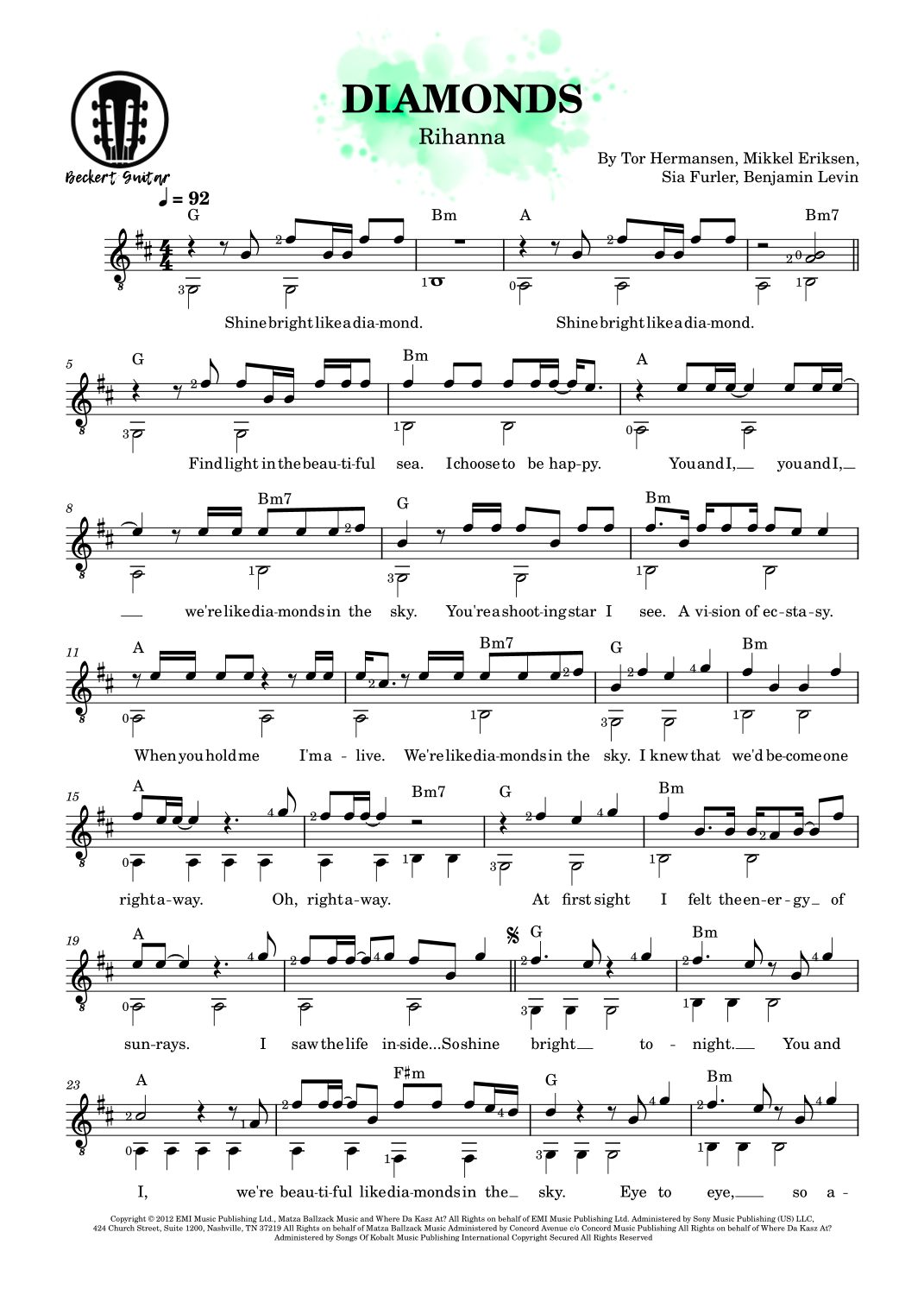 Diamonds (arr. Beckert Guitar) by Rihanna Sheet Music for Solo Guitar ...