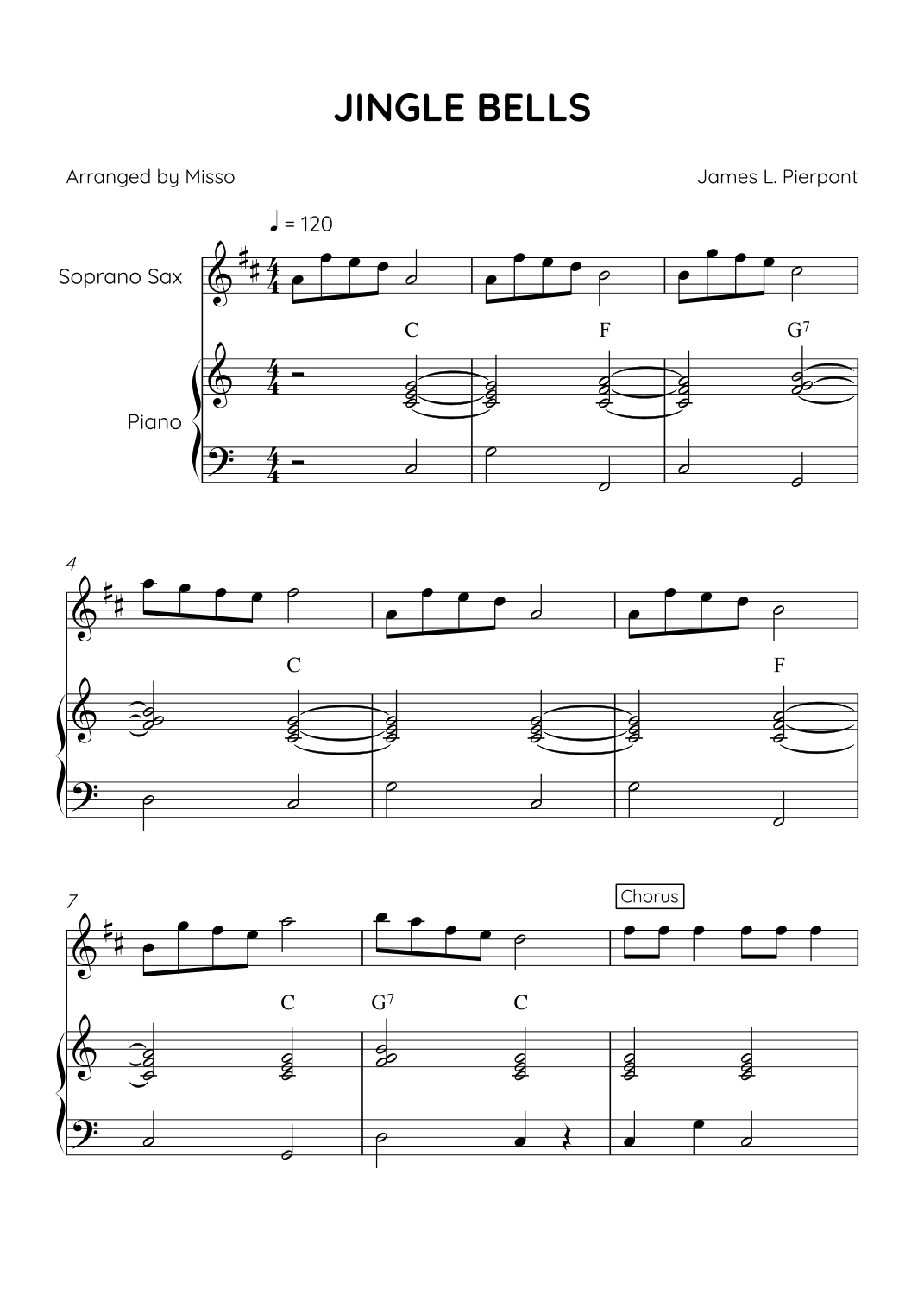 Jingle Bells - Soprano Sax & Piano in C Major - Easy With Chords (arr. MissoRB) by James L ...