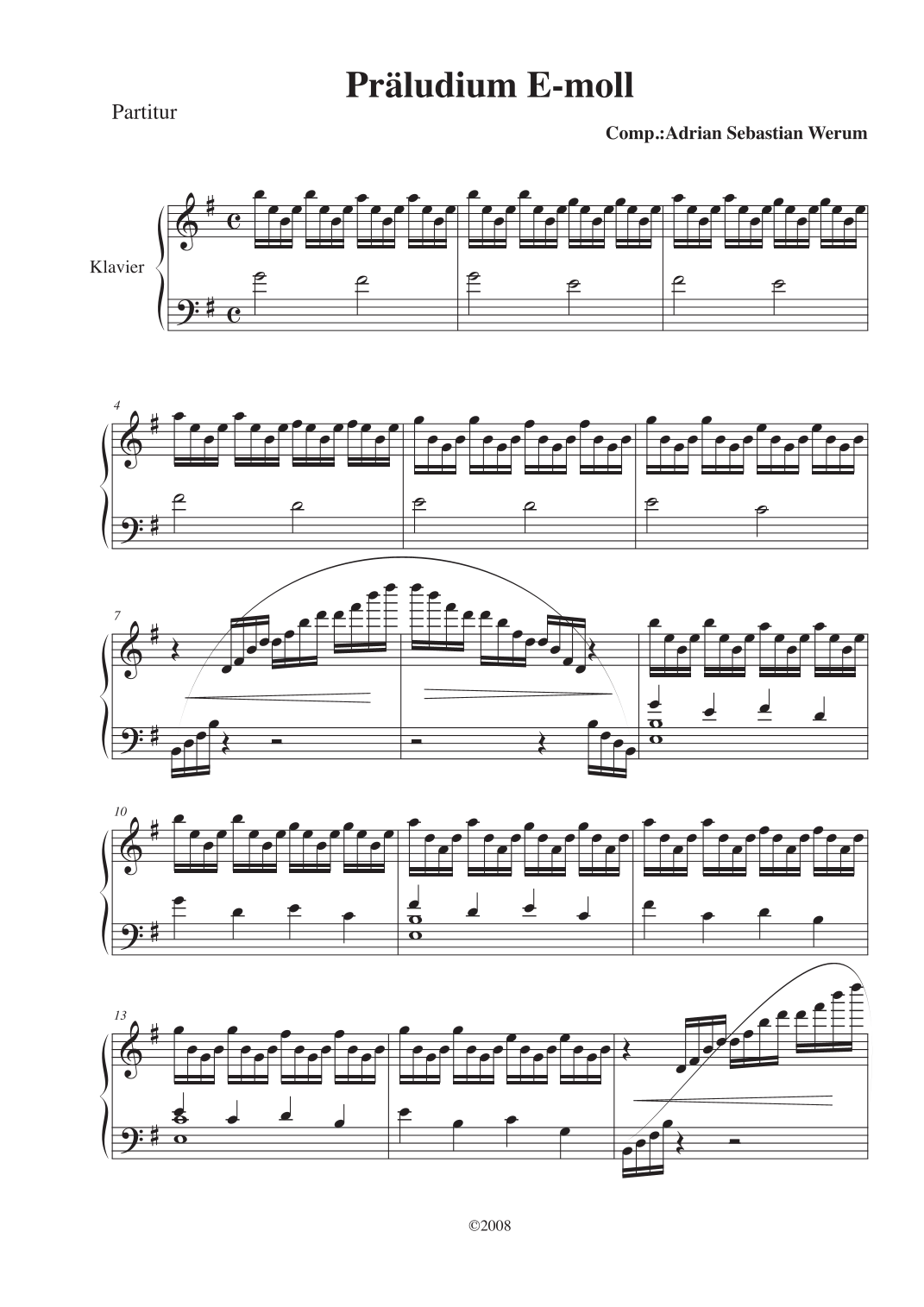 Prelude in E-Minor by Adrian Sebastian Werum Sheet Music for Piano Solo ...