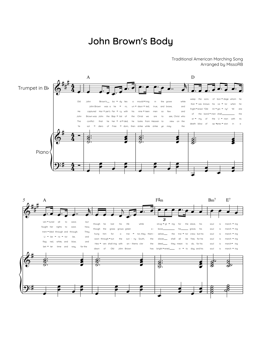 John Brown's Body - Trumpet & Piano in G With Chords & Lyric (arr ...