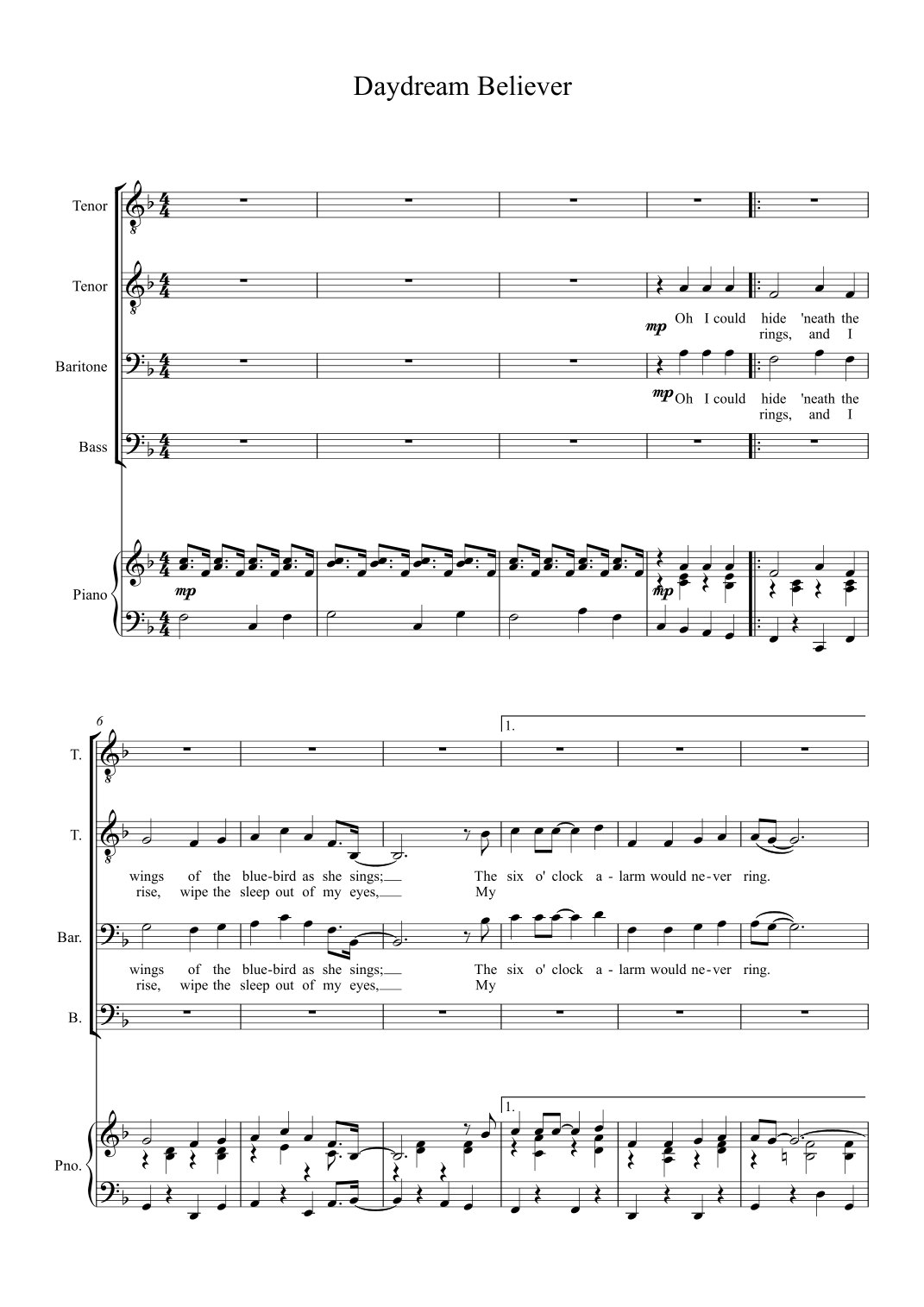 Daydream Believer (arr. H Spooner) by John Stewart Sheet Music for TTBB ...