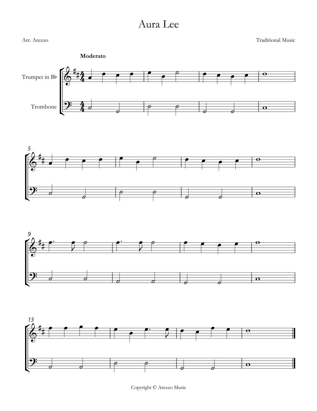 Aura Lee – Easy Trumpet and Trombone Sheet Music (arr. Arezzo Music) by ...