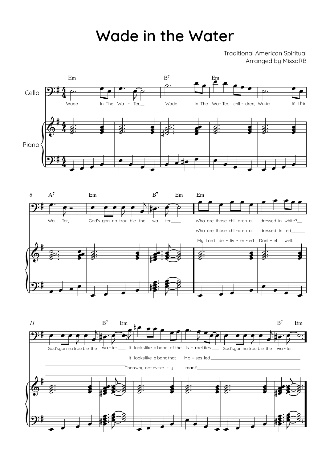 Wade in the Water - Cello & Piano in Em With Chords & Lyric - Easy (arr ...