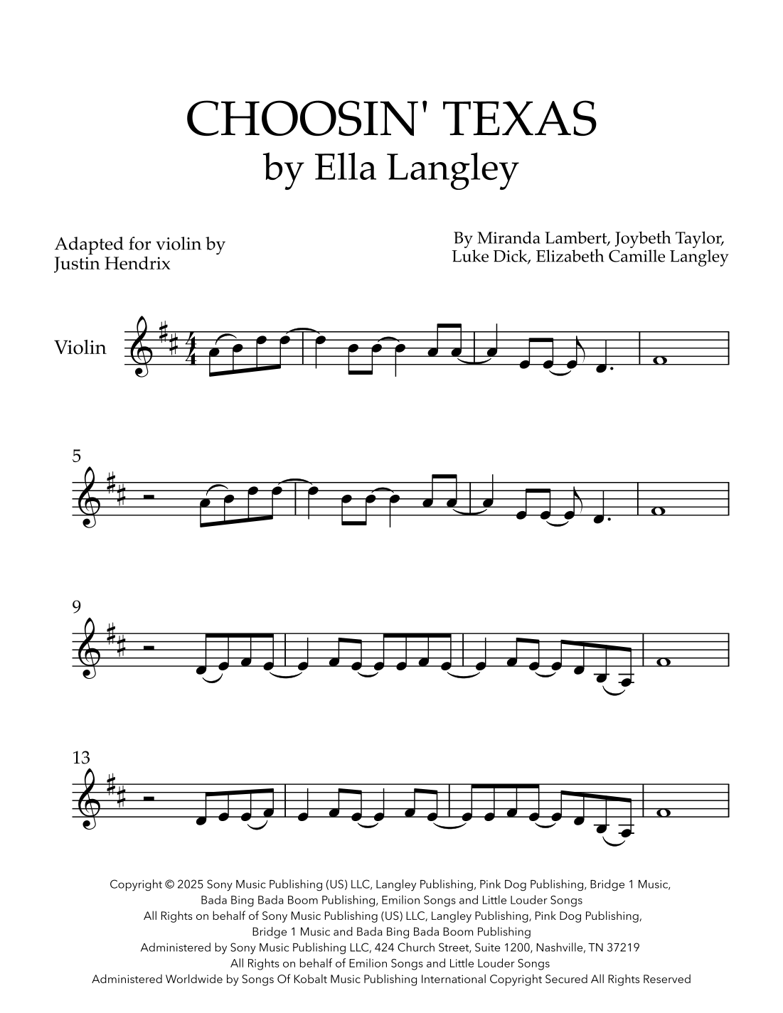 Choosin' Texas (arr. Justin Hendrix by Ella Langley Sheet Music for ...
