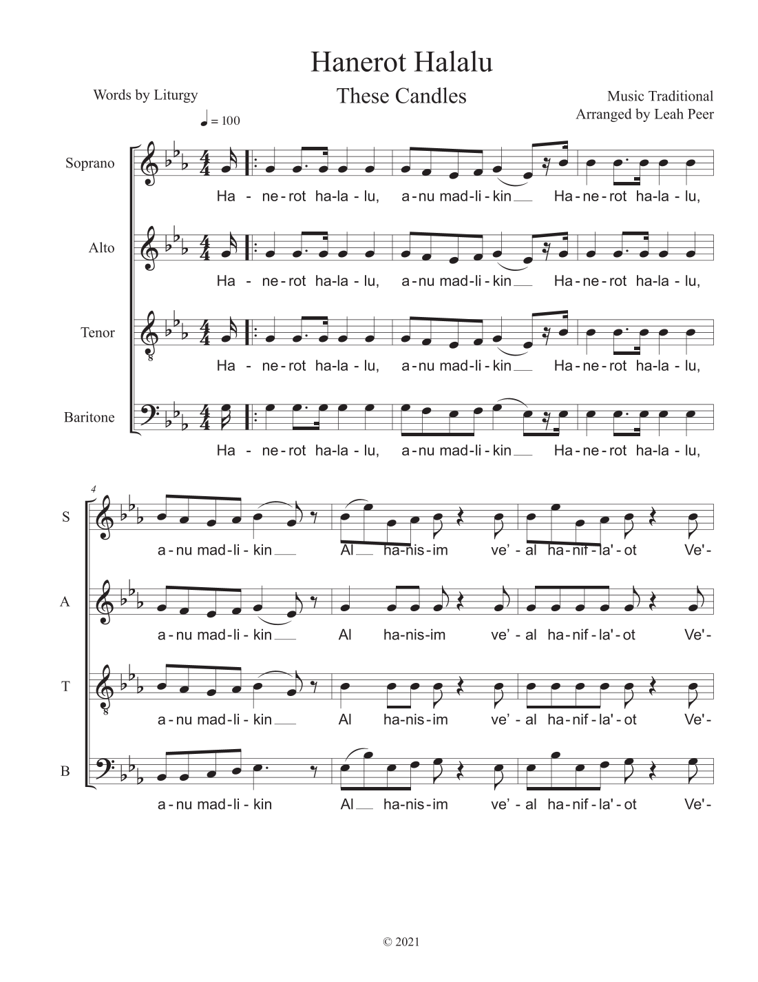 Hanerot Halalu (arr. Leah Peer) by Traditional Sheet Music for SATB ...