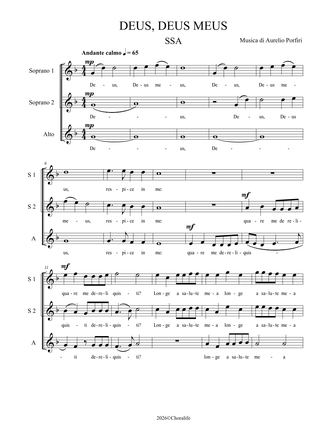 DEUS, DEUS MEUS by Aurelio Porfiri Sheet Music for SSA Choir at Sheet ...