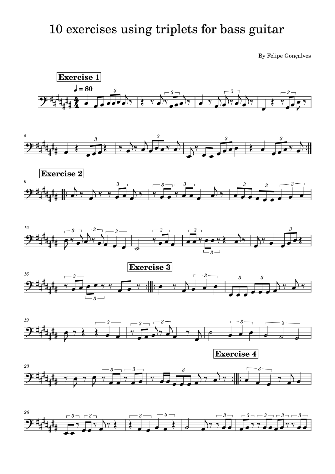 10 exercises using triplets for bass guitar in the key of C# major / A# ...