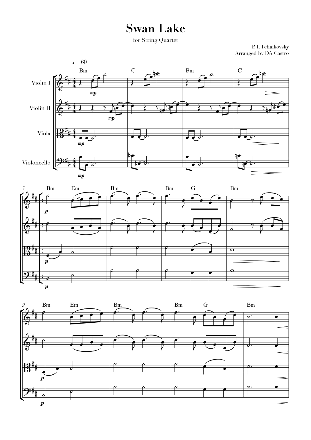 Swan Lake Op. 20 - Act. II (arr. DA Castro) by P Sheet Music for String ...