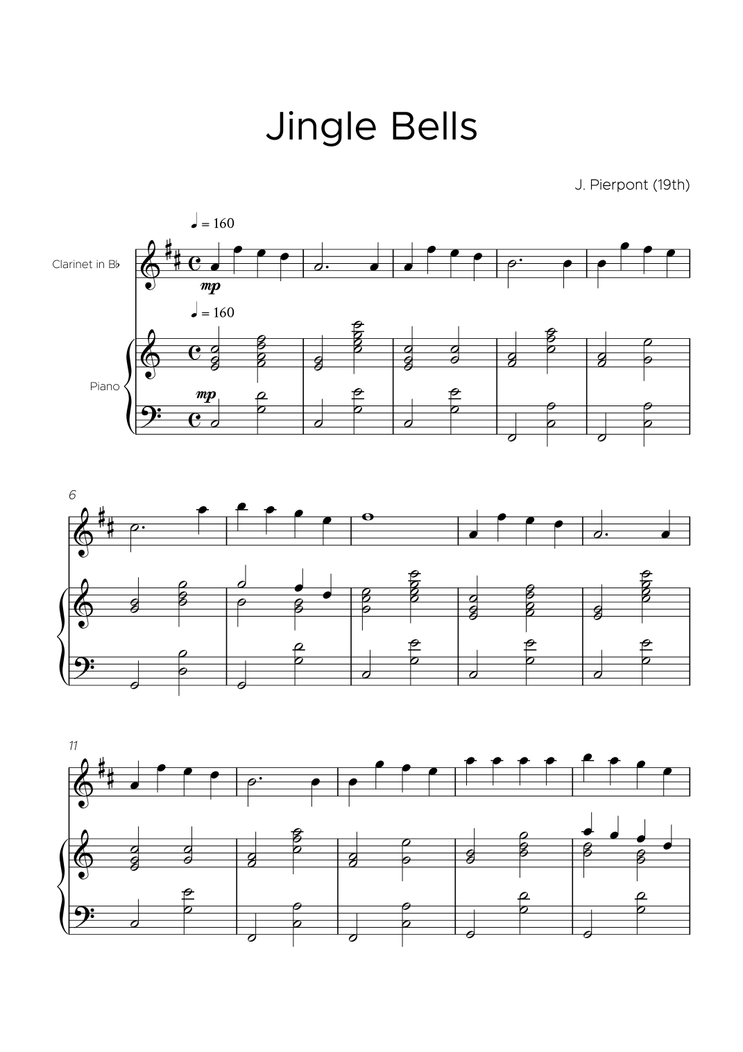 Jingle Bells (arr. Bisdre Santos) by J. Pierpont Sheet Music for Clarinet and Piano at Sheet ...