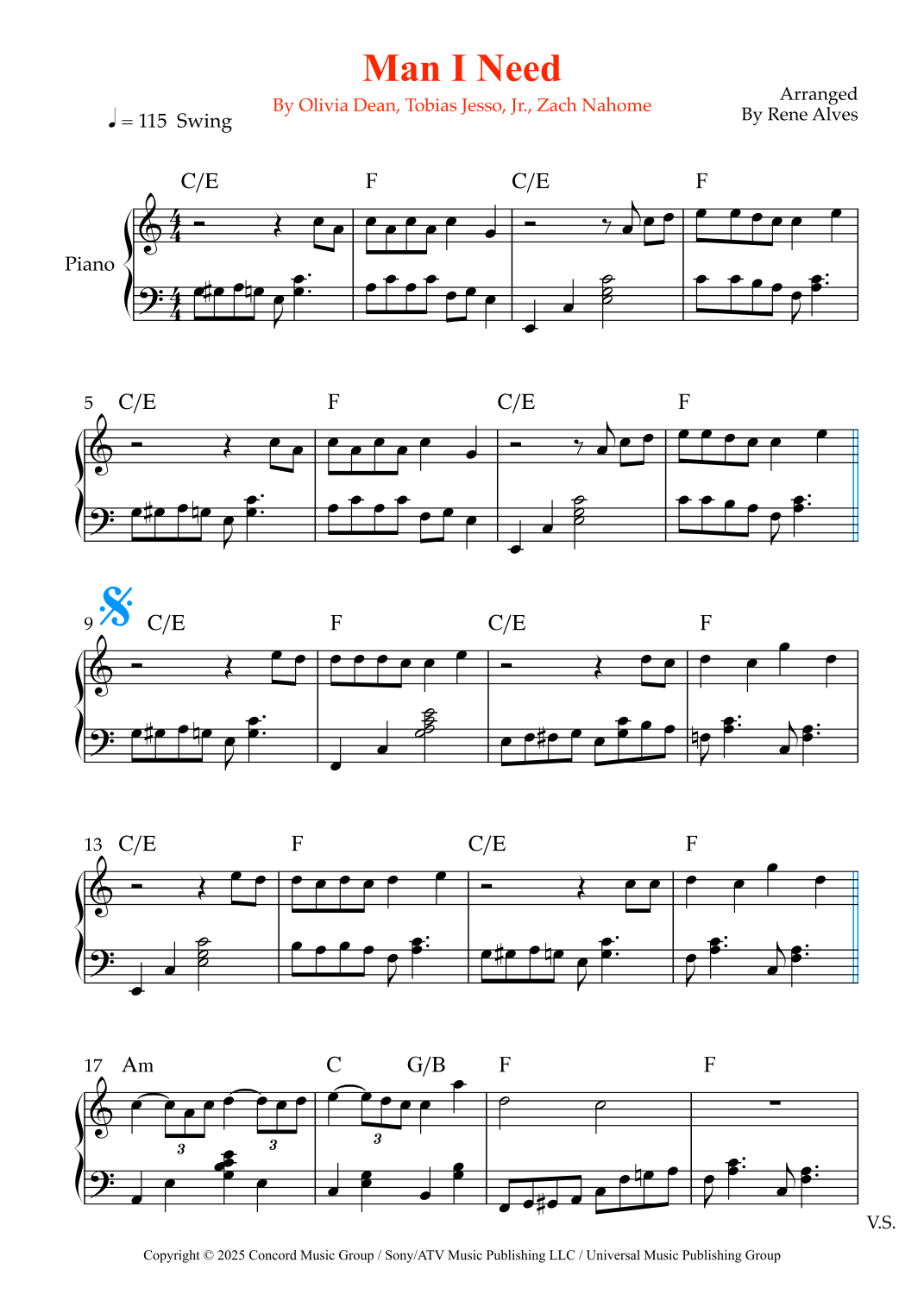 Man I Need (arr. Rene Alves) by Olivia Dean Sheet Music for Easy Piano ...