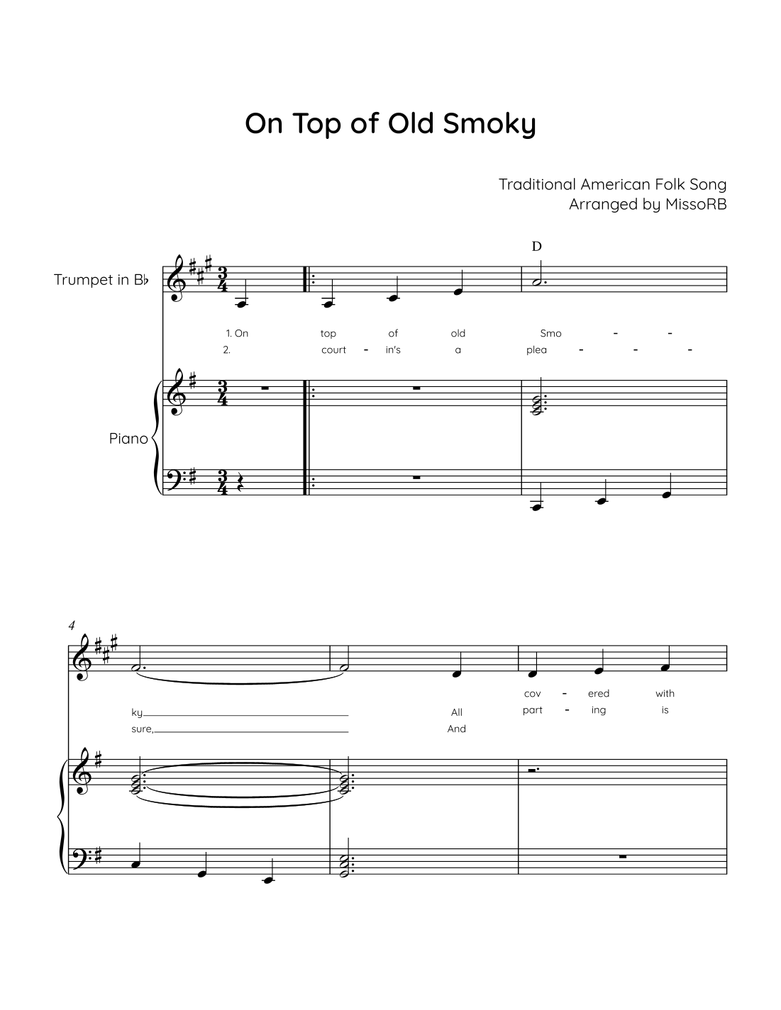 On Top of Old Smoky - Trumpet & Piano in G With Chords & Lyric - Easy ...